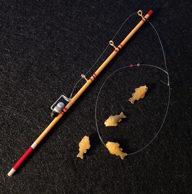MINIATURE FISHING POLE ROD 6.78" w/ HOOK & 4 FISH for FAIRY GARDEN/DOLL ...