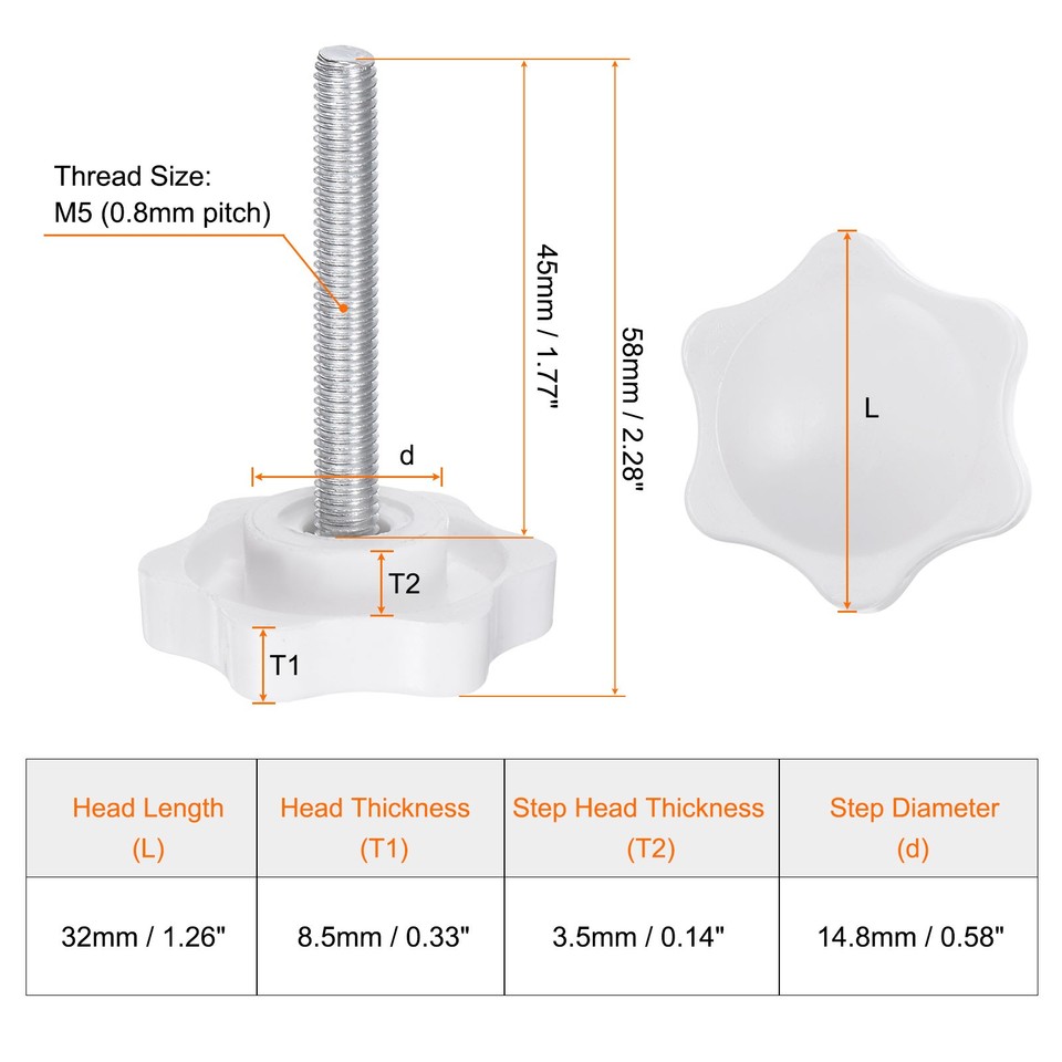 10pcs Star Knob M5 x 45mm Thread 32mm 6-Point Head Stud Hand Clamping ...