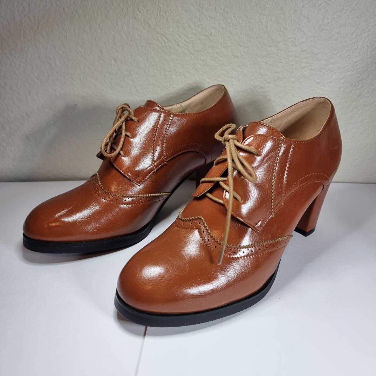 Odema Brown Womens PU Leather Oxfords Brogue Wingtip Lace Up Dress ...