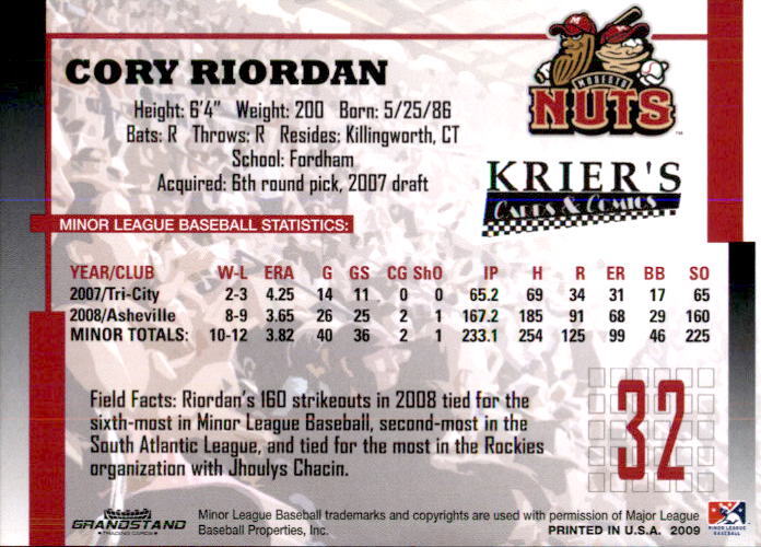 2009 Modesto Nuts Grandstand #26 Cory Riordan Killingworth Connecticut ...