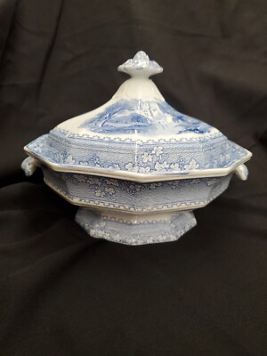 J Alcock England PRIORY Blue Staffordshire Transferware Covered Bowl ...