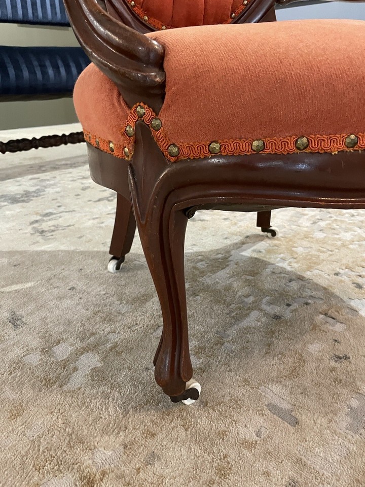 Antique Victorian Walnut Balloon Parlor Arm Chair Dark Pink Upholstery ...