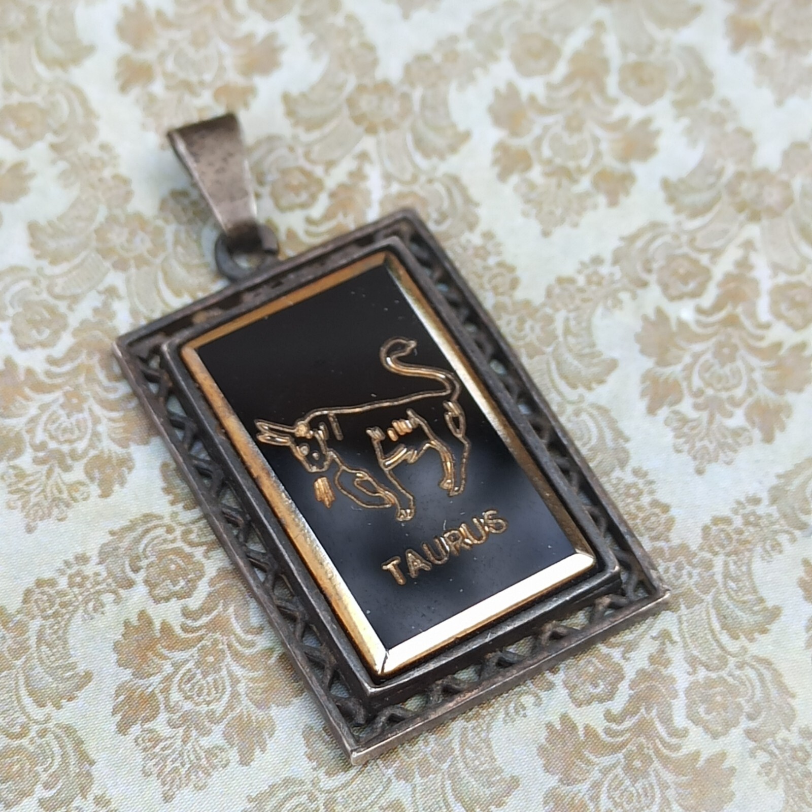 Taurus Pendant Vintage Men Sterling Silver Gold Engraved Black Glass ...