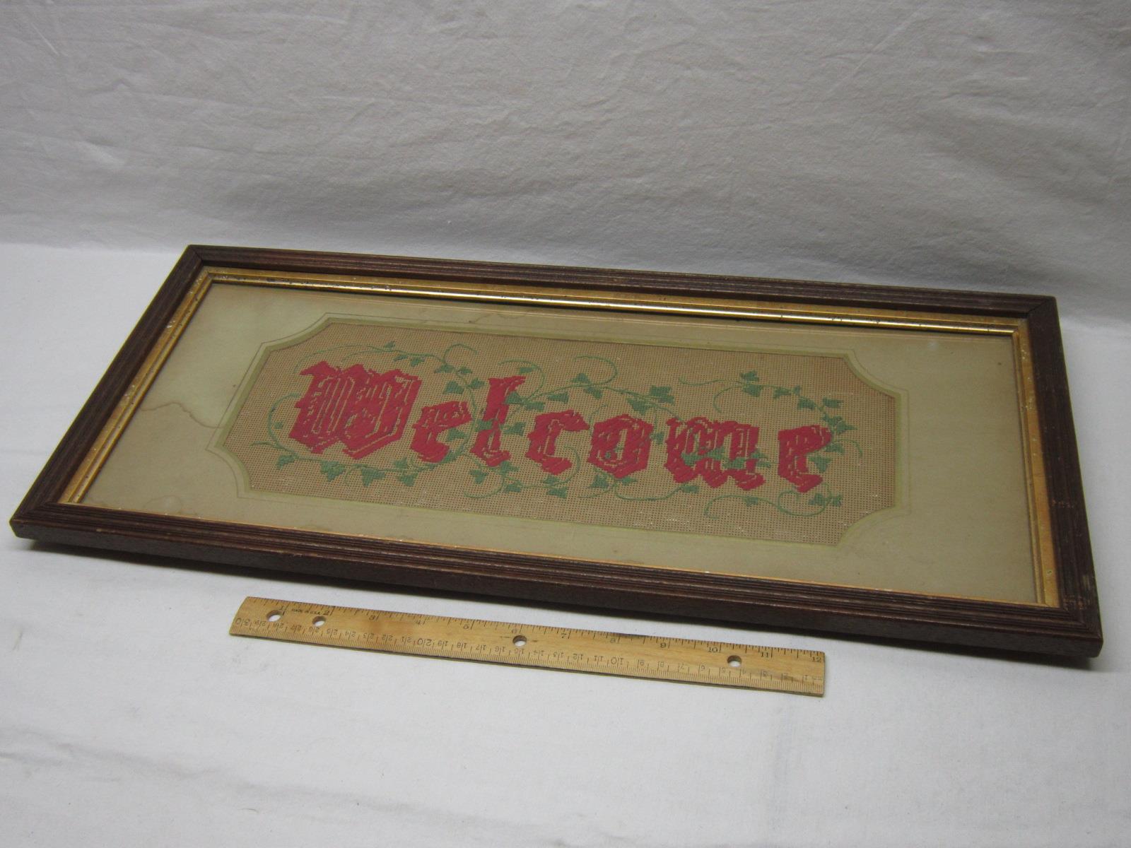 WELCOME Victorian Paper Punch Yarn Motto Framed Ivy Leaves Sign Old Vtg ...