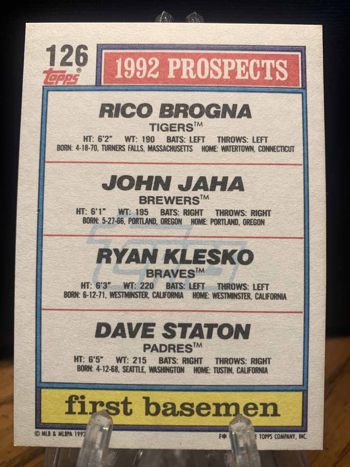 1992 Topps Top Prospects Rookie Ryan Klesko Rico Brogna John Jaha Dave ...