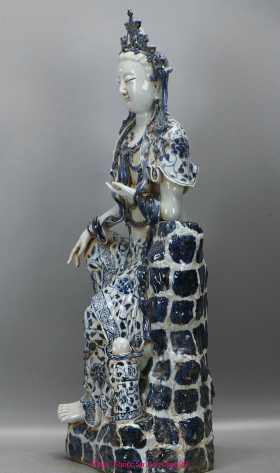 20" Dynasty Blue White Porcelain Kwan-yin Guan Yin Boddhisattva Goddess ...