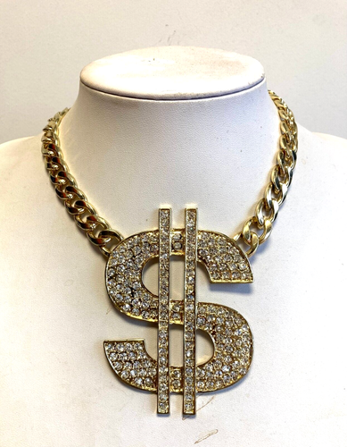 ICED OUT DOLLAR Sign Necklace Hip Hop Gold Chunky Metal Bling Gangster ...