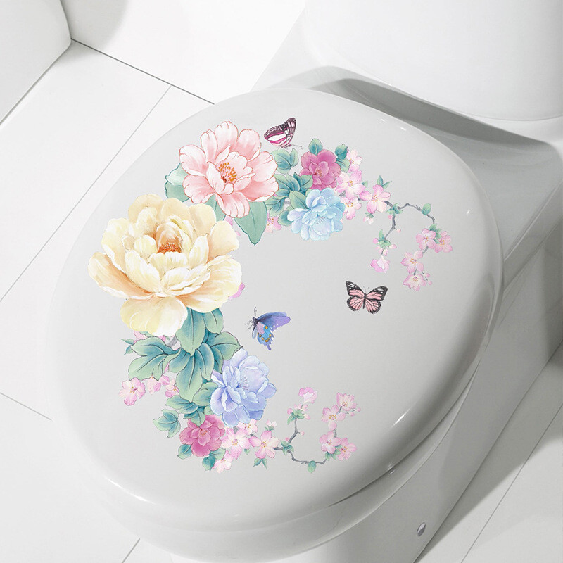 Flowers Butterfly Pattern Waterproof Sticker For Bathroom Toilet Cover ...