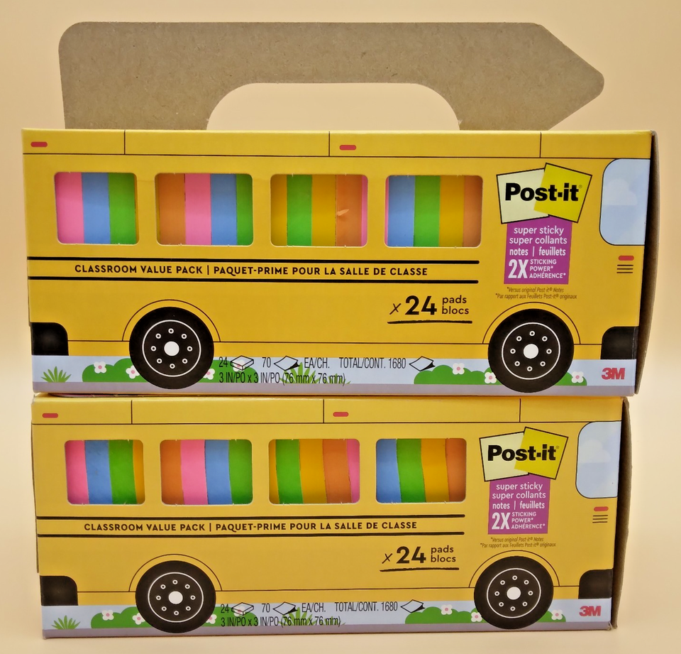 2 x Post-it Super Sticky Notes 24 Pads 3" x 3" School Bus Classroom ...