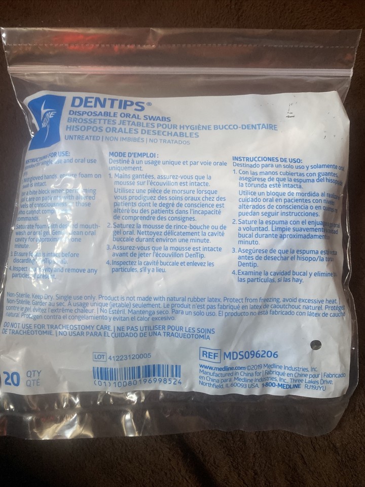 1PK Medline Dentips Disposable Oral Swaps Untreated 20 Count Bag ...