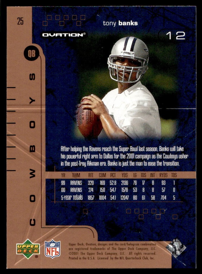 2001 Upper Deck Ovation 25 Tony Banks Dallas Cowboys Football Card | eBay