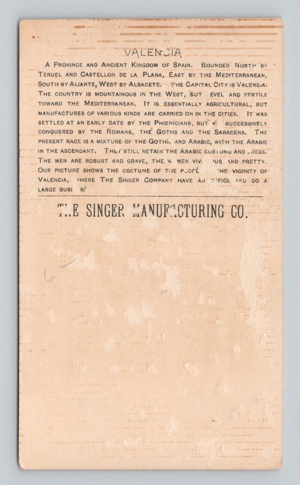 SEWING Victorian Trade Card 1892 Singer Machine SPAIN VALENCIA 4A | eBay