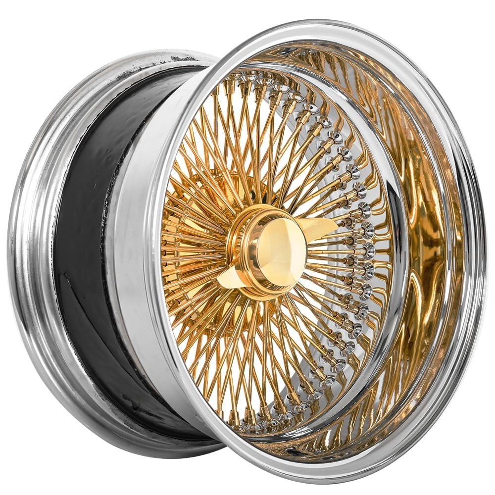 14X7" WIRE WHEELS REVERSE 100-SPOKE STRAIGHT LACE CHROME WITH GOLD ...