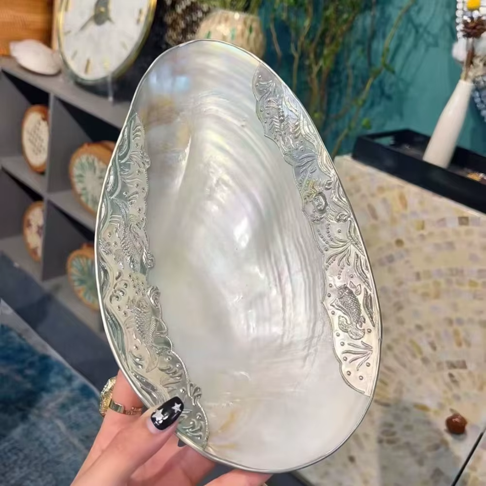 Large Vintage Silver Edge Shell Tray 24Cm, Jewelry Display Bowl, Luxury ...