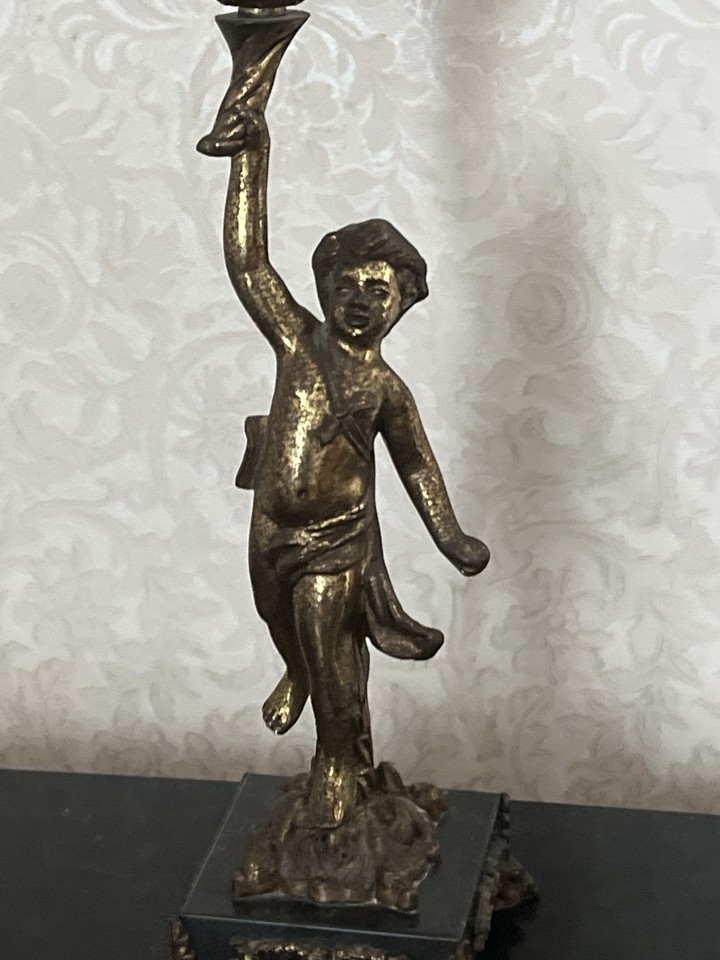 Vintage Antique Brass Cherub Lamp Glass Shade 25” Tall Gold Gilded ...