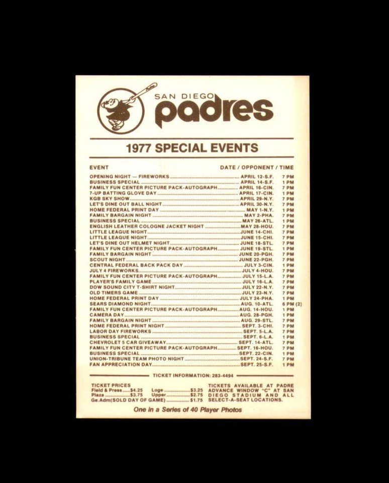 Doug Rader Signed 1977 San Diego Padres Schedule Autograph | eBay