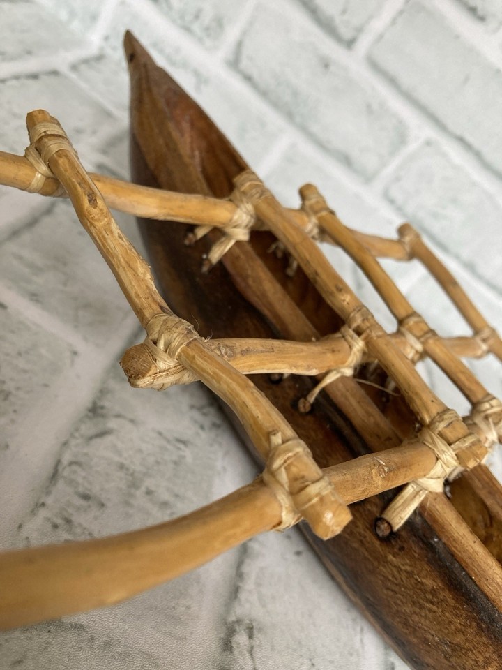 Rare Vintage Monkey Pod Wood Outrigger Woven Cane Canoe Handcarved ...