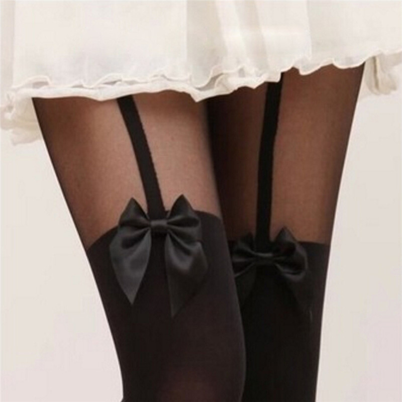 Womens Cute Stockings Pantyhose Tattoo Mock Bow Suspender Sheer Tights