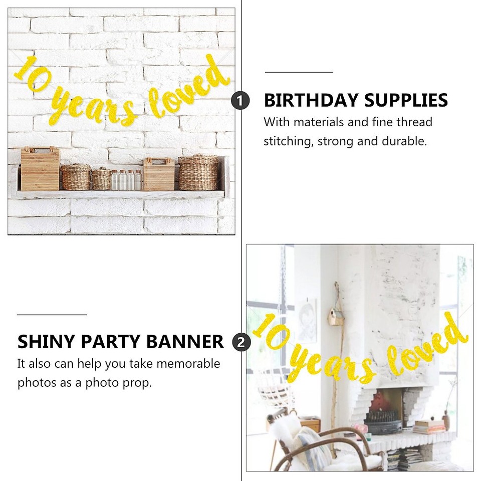 1 Pc 10 Years Loved Banners Birthday Glitter Party Baner Bunting ...