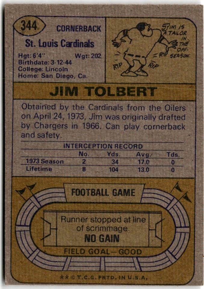 1974 Topps #344 Jim Tolbert Cardinals | eBay