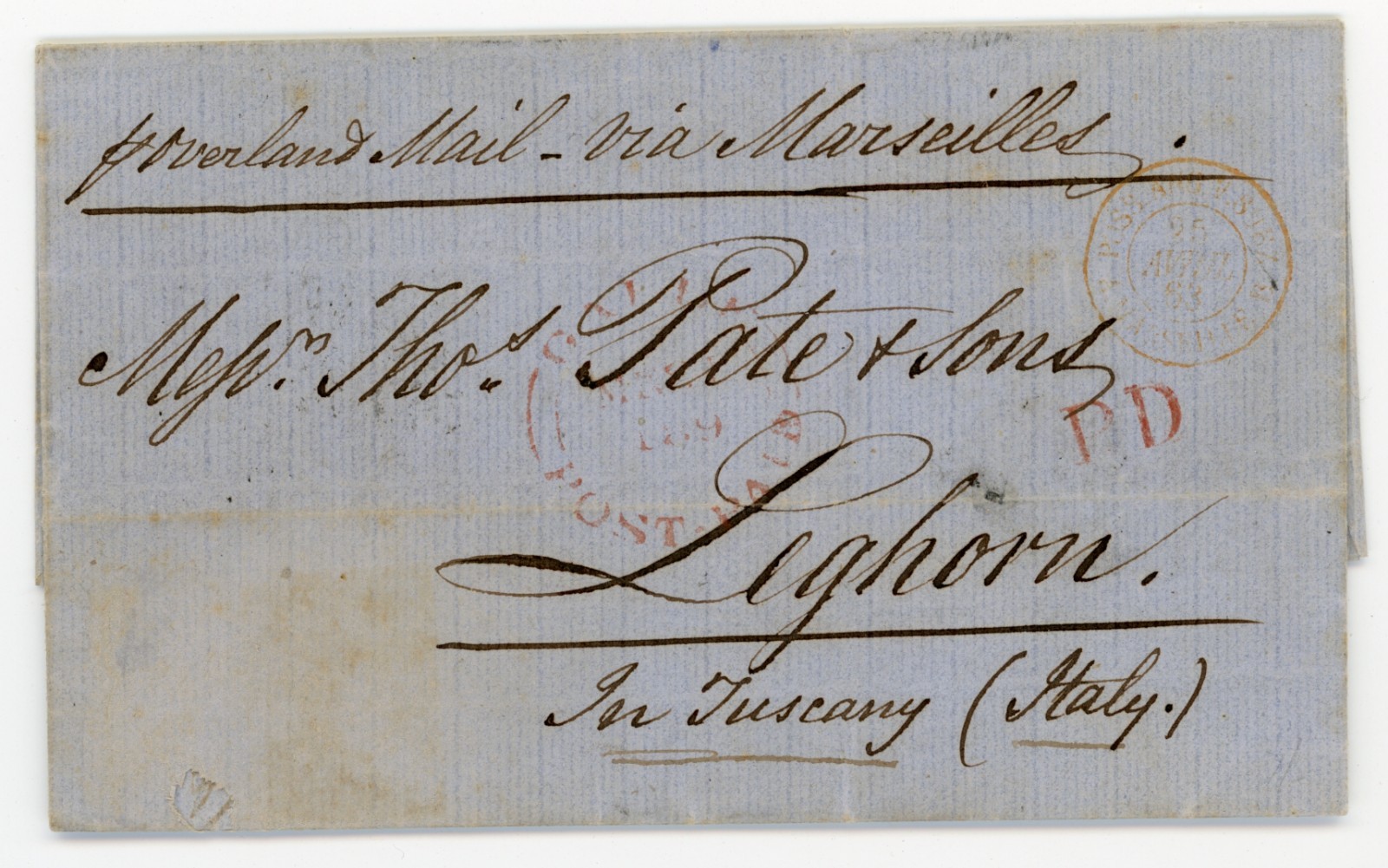 1863 Singapore letter to Italy via Ceylon & Marseilles (stamps removed ...