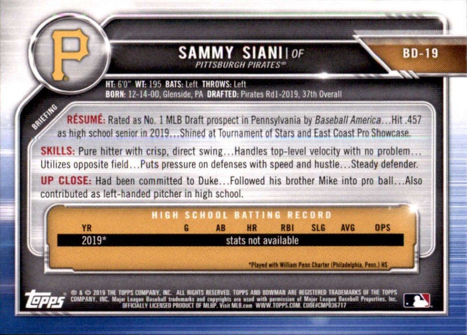2019 Bowman Draft #BD-19 Sammy Siani Pirates NM-MT | eBay