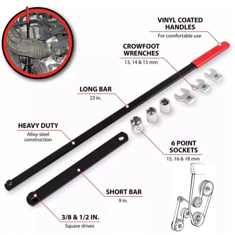 Serpentine Belt Tool Kit,Universal 3/8" 1/2" Drive Serpentine Belt ...