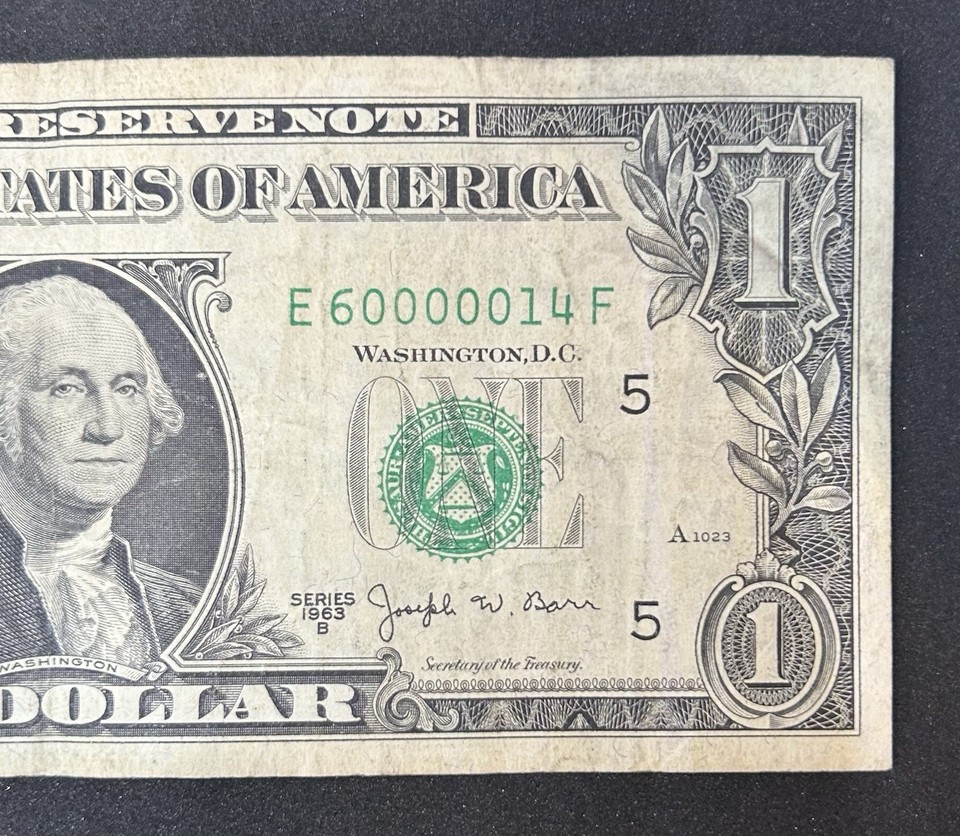 Fancy Serial # - 1963 B Joseph Barr Note - $1 One Dollar Bill ...
