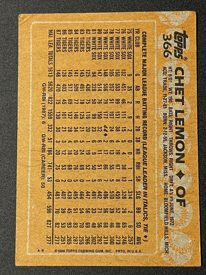 Chet Lemon ERROR CARD #366 1988 Topps Baseball Card | eBay