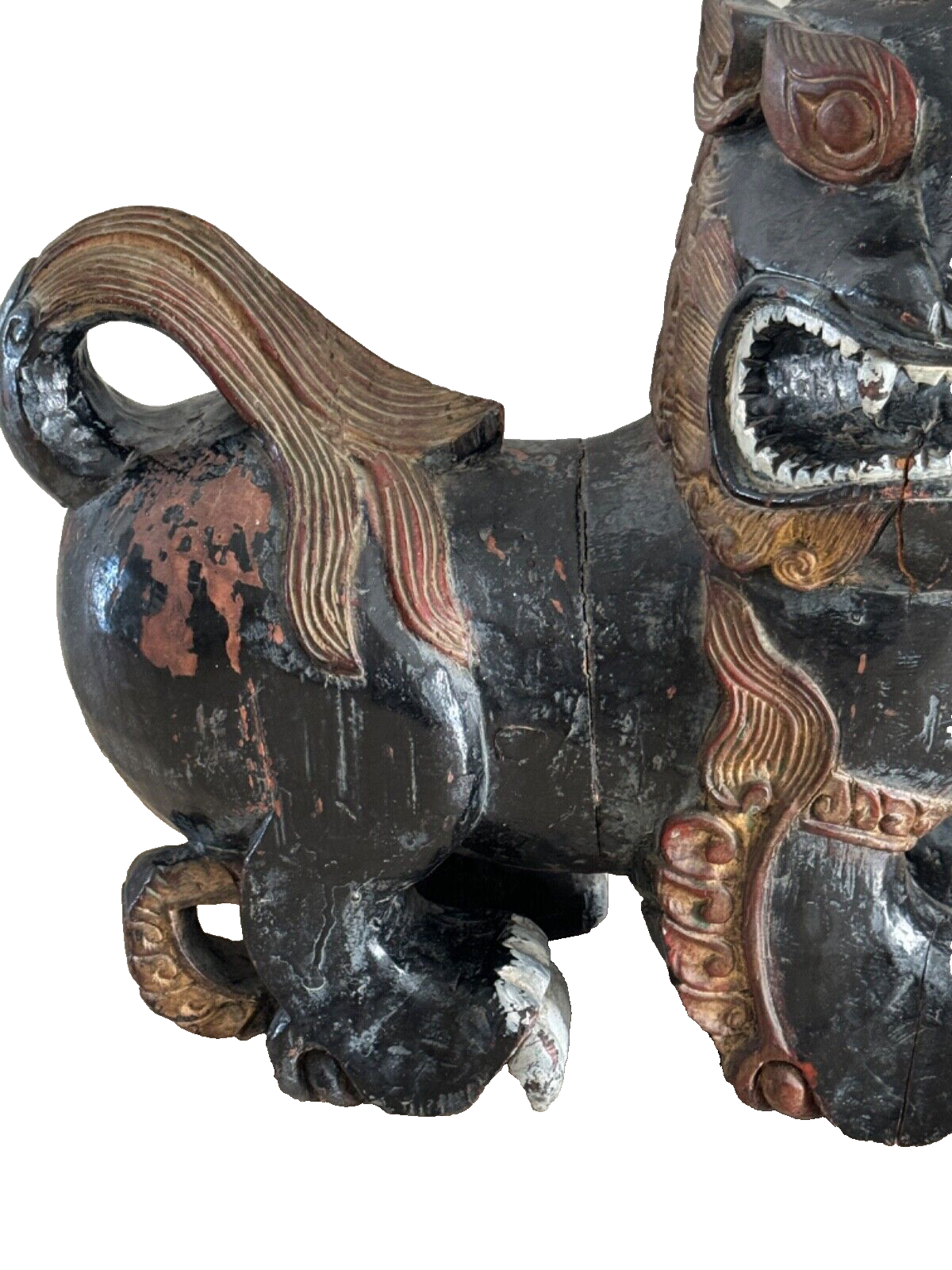 Monumental Carved Wooden Polychrome Guardian Foo Dog Statue 20" H X 20 ...