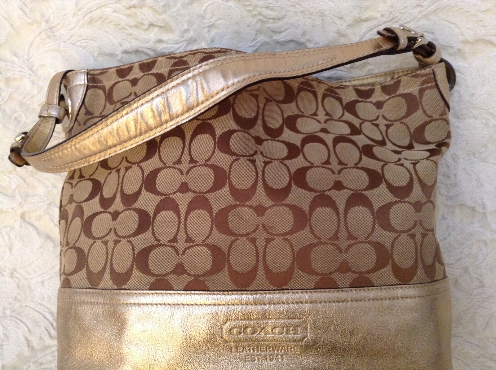 COACH C LOGO BROWN HANDBAG CANVAS & GOLD LEATHER TOTE… - Gem