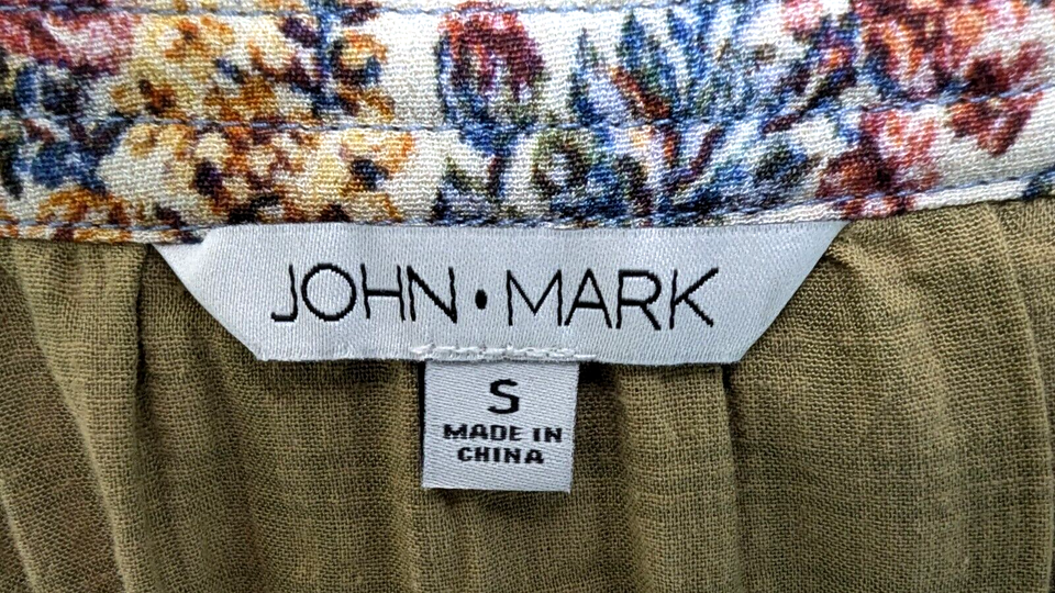 JOHN MARK Size S Embroidered Olive w/ Blue Floral Loose Tunic Blouse ...