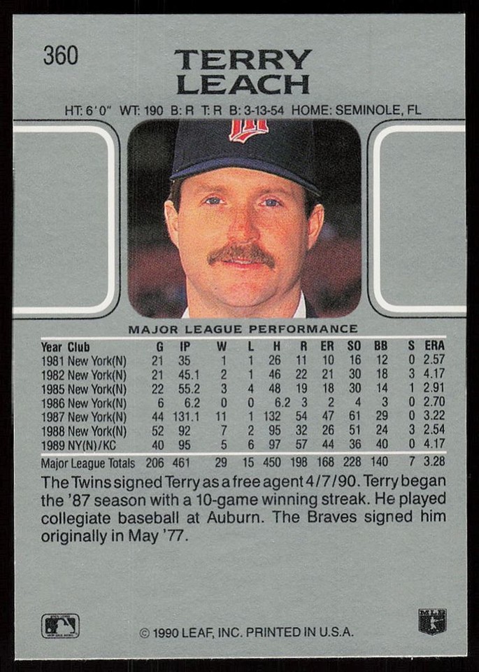 1990 Leaf Terry Leach Minnesota Twins #360 | eBay