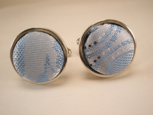 Fabric Light Blue & Silver Tone Vintage Cuff Links plain simple quality ...