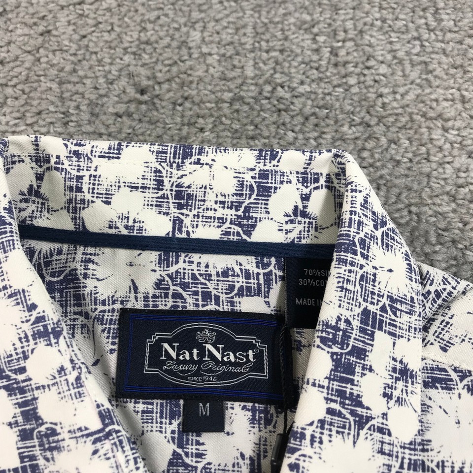 Nat Nast Shirt Mens Medium Button Up Silk Floral Hawaiian Camp Blue ...