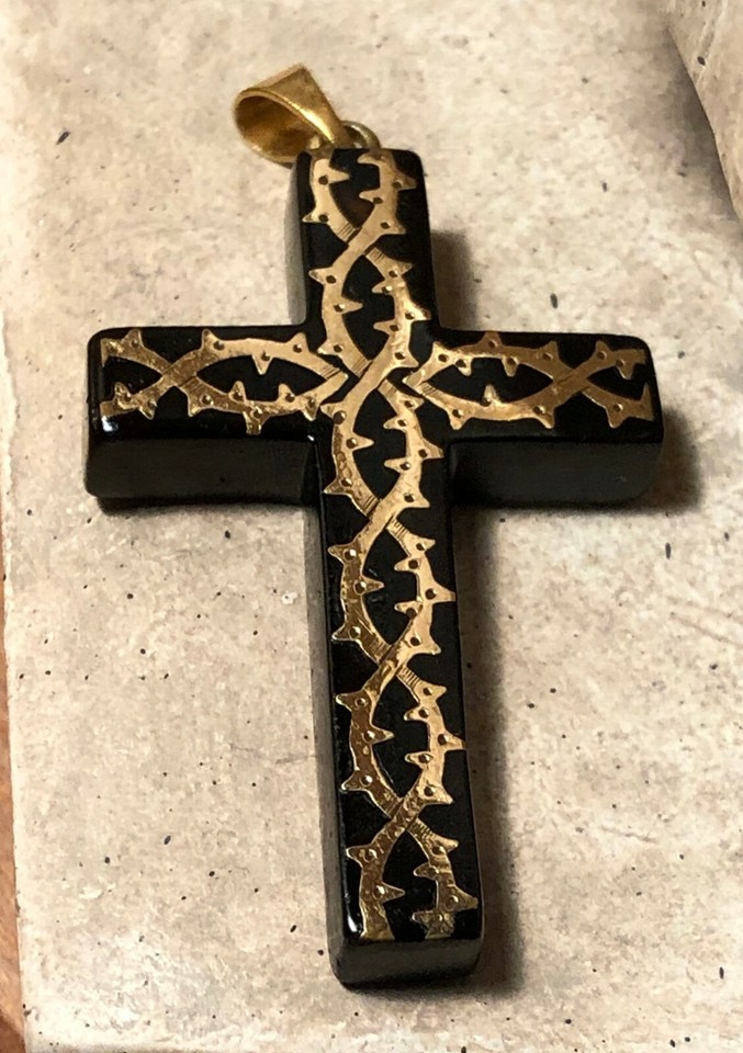 rare striking victorian bull horn gold christian cross pendant thorns ...