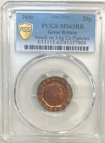 GREAT BRITAIN 2000 20P MINT ERROR STRUCK ON COPPER FLAN MS63 CH UNC GEM ...