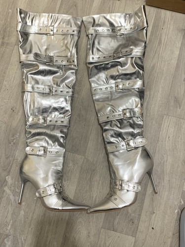 PLT Silver Pu Point Toe Buckled Over The Knee Heeled Boots UK 5, RRP £ ...