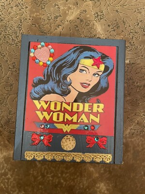 Retro Wonder Woman Red Blue Wood Trinket Keepsake Jewelry Box w/ Slide ...