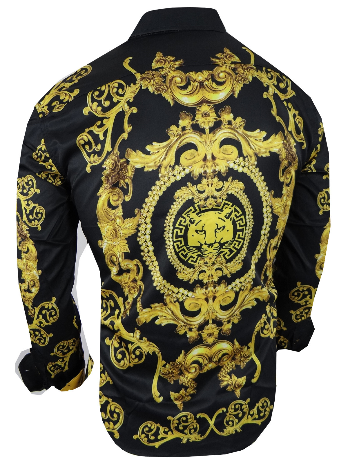 Mens Shirt Designer Panther Italian Gold Leaf Florals Stretch Slim Fit ...