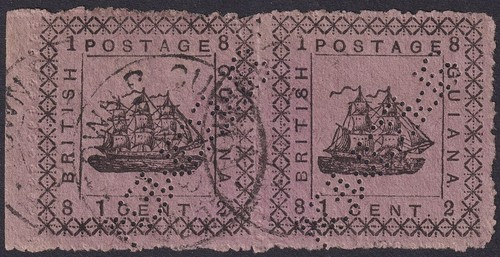British Guiana 1882 QV Ship 1c Magenta Se-Tenant Pair Used SG164 SG162 ...