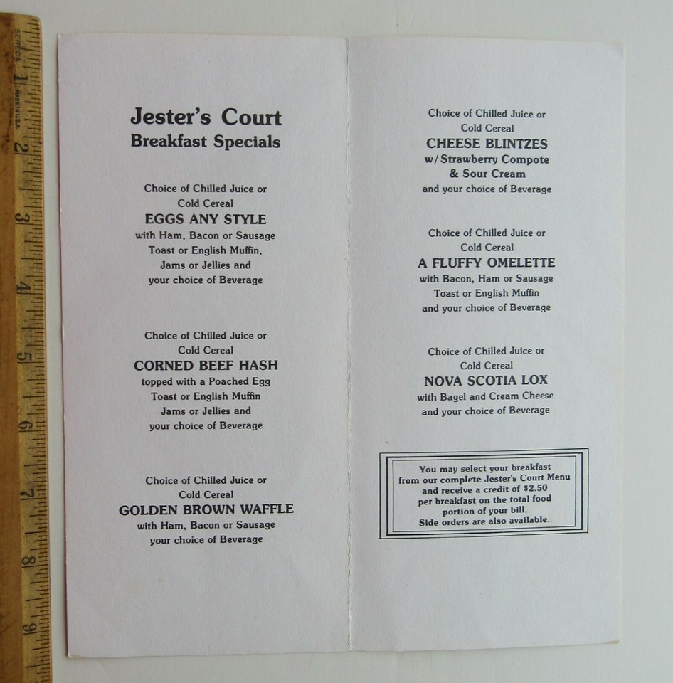 Jesters Court Cafe, Breakfast Menu, Sheraton Parsiphany New Jersey | eBay