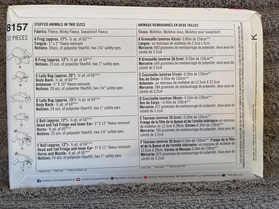 Simplicity Pattern 8157 ~ Stuffed Animals in 2 Sizes: Frogs ~ Lady Bug ...