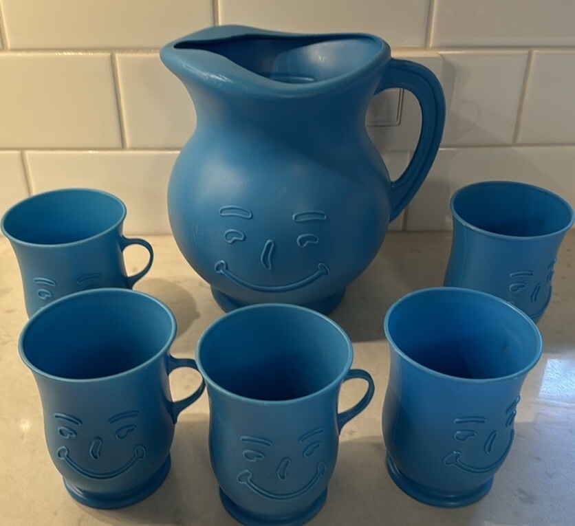 RARE Excellent BLUE 1984 Plastic Kool-Aid Man SET Smiling Pitcher 5 ...