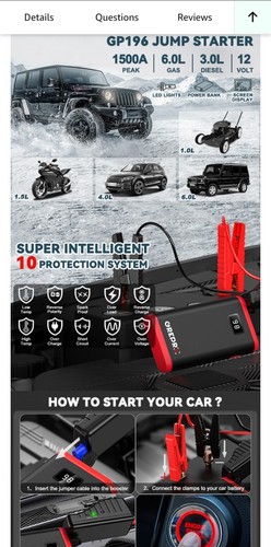 GREPRO Jump Starter Power Pack (up to 6.5L Gas, 4.0L Diesel), Car ...