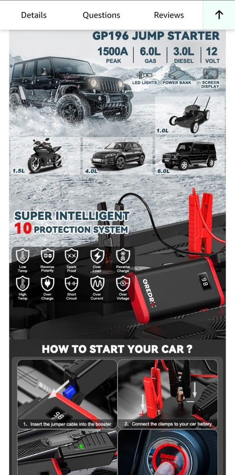 GREPRO Jump Starter Power Pack (up to 6.5L Gas, 4.0L Diesel), Car ...