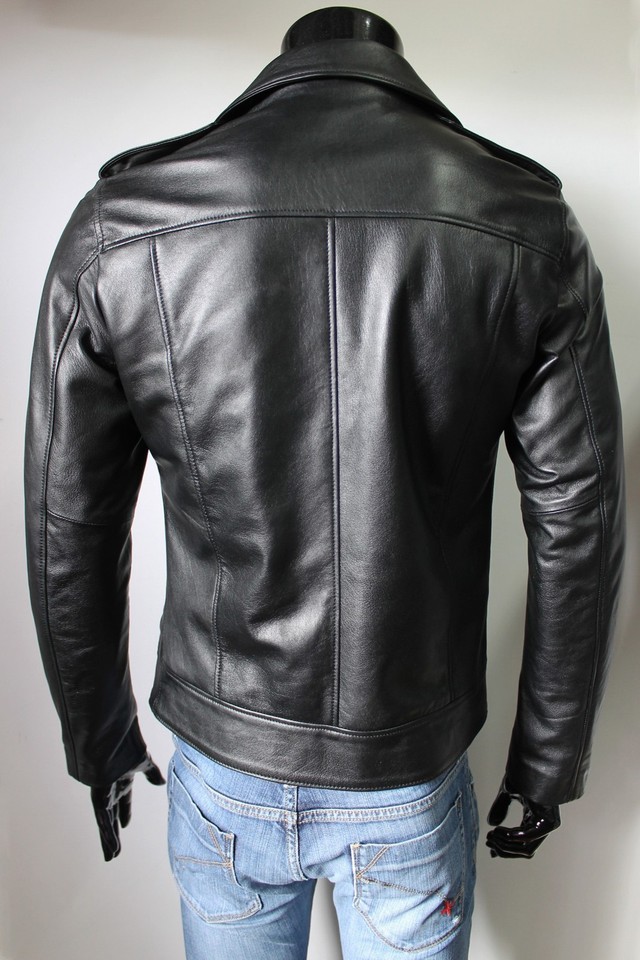 ITALIAN HANDMADE MEN SOFT LAMBSKIN LEATHER MOTO BIKER JACKET BLACK SIZE ...