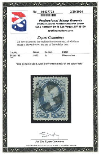 US Sc# 145 USED { -VF- 1c FRANKLIN W/ PSE CERT } GREAT UN-SECRET MARKED ...