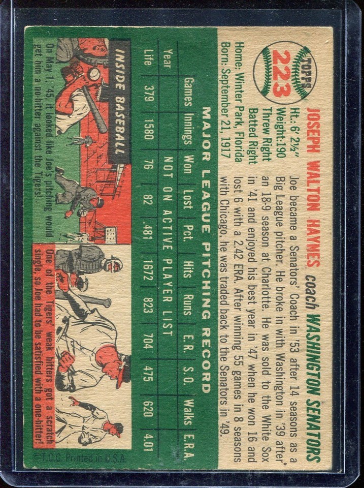 1954 Topps Baseball # 223 Joe Haynes (NM) Near Mint | eBay
