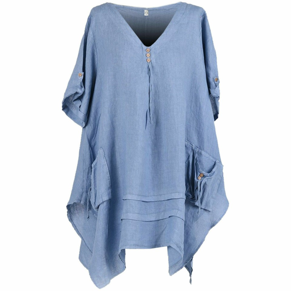 Ladies Italian Quirky V Neck Lagenlook Linen Kaftan Womens Plain Tunic ...
